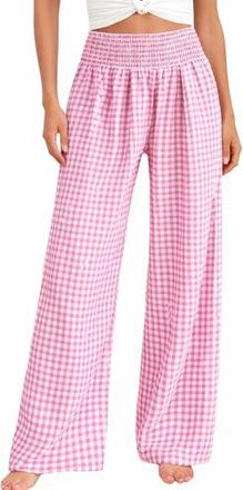 Lazutom Pantalon palazzo l&eacute;ger vichy &agrave; jambe large pour femme - Taille haute smock&eacute;e - &Agrave; enfiler avec poches, rose, X-Large