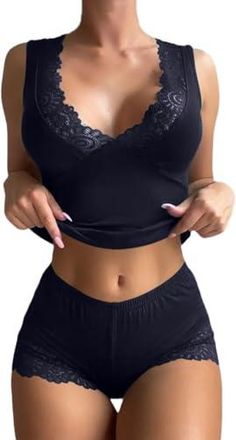 Onsoyours Pyjamas pour Femme Sexy Pyjamas Ensembles Dentelle Cami Tops Shorts Vêtements De Nuit Ensemble De Pyjama en Dentelle Hauts Et Shorts 2 Pièces C Bleu F