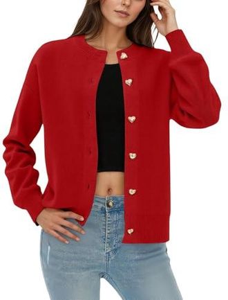 Generic Vestes pour femmes 2026 Cardigan ouvert sur le devant boutonn&eacute; &agrave; manches longues d&eacute;contract&eacute; col rond cardigan en tricot uni v&ecirc;tements dext&eacute;rieur, Rou