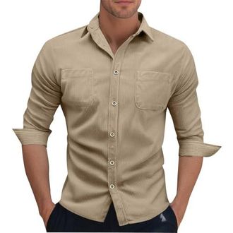 Generic Chemise boutonn&eacute;e en velours c&ocirc;tel&eacute; &agrave; manches longues pour homme - Veste de camionneur en coton avec poches - Coupe r&eacute;guli&egrave;re - D&eacute;contract&eacute;e - Solide 