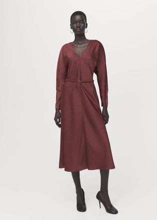 Mango Kleid mit V-Ausschnitt und G&uuml;rtel granatrot - Damen - S - MANGO