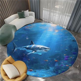 Generic Bleu Marine Moderne Tapis Rond Salon, Animaux Marins Requins Coraux Impression Tapis de Sol D&eacute;coration Antid&eacute;rapant pour Chambre Cuisine Balcon Terras