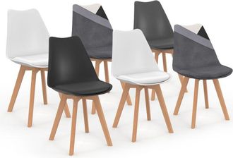 IDMarket Set von 6 skandinavischen Stühlen sara dunkelgrau, weiß, schwarz und Samt Patchwork schwarz, grau und weiß