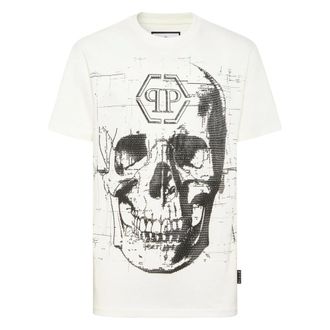 Philipp Plein Homme, Tops, Blanc, Taille: L T-Shirt Col Rond T&ecirc;te de Mort Strass