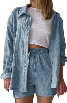 Generic Chemisier long en mousseline pour femme - Chemisier long surdimensionn&eacute; - L&eacute;ger et a&eacute;r&eacute; - Couleur unie - Chemise en coton et lin - Chemise &eacute;l&eacute;gante &agrave; 