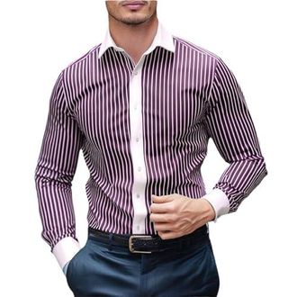 Generic Chemise formelle &agrave; manches longues pour homme, coupe ajust&eacute;e, rayures verticales, chemises britanniques, col &agrave; revers, haut daffaires urbain &eacute;l&eacute;gant, 
