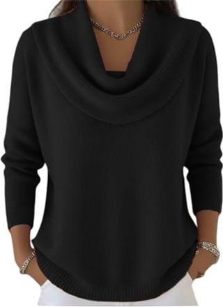 Generic Pull &eacute;l&eacute;gant r&eacute;tro doux &agrave; col triangle de couleur unie, pull en tricot confortable &agrave; manches longues pour femme, pour lhiver, Noir, M