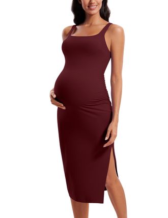 CRZ YOGA Damen Butterluxe Split Umstandskleid Ärmellos Sommer Umstandsmode Bodycon Tank Kleid Schwangerschaf Midikleid Lässige Roter Merlot 44