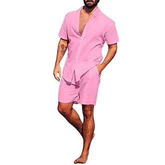 QWUVEDS Costume 98 pour homme, col rabattu, chemise, pantalon, ensemble &agrave; manches courtes, imprim&eacute; hawa&iuml;en, mode, d&eacute;contract&eacute;, chemise d&eacute;t&eacute;, short costume, va