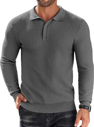 Coofandy Poloshirt f&uuml;r Herren Pullover Langarm Polo Herren Strickpullover Polo Waffeloptik Slim Fit Pulli Dunkelgrau 3XL