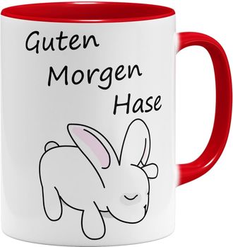 OM3 Guten Morgen Hase Kaffee-Tasse mit Spruch - Statement Tiermotiv süßes Motiv - Keramik Becher - 325ml - Beidseitig Bedruckt - Rot
