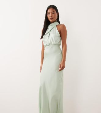 Vila VILA Petite - Robe longue en satin &agrave; col montant - Vert sauge