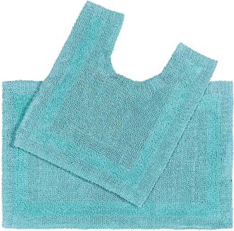 Homescapes 2-TLG. Badematten-Set Aqua, Badematte 50x80 cm & WC-Vorleger mit Ausschnitt 50x55 cm, Baumwoll-Badteppiche mit Wende-Design