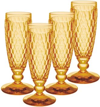 Villeroy & Boch Boston Saffron Sektgläser 4er Set, 145 ml, Farbige Sektkelche mit Facettenmuster, Kristallglas für Champagner und Schaumwein, Spülmaschinengeeignet, G
