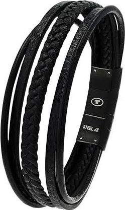 Tom Tailor Tom Tailor 2100693 Bracelet pour homme en acier inoxydable et cuir Noir 20 + 1,5 cm