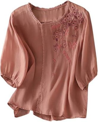 Generic Chemisiers en lin pour femme &agrave; manches 3/4 avec broderie r&eacute;tro, motif floral, hauts &agrave; manches 3/4, tunique d&eacute;t&eacute; boh&egrave;me tendance, Orange, XXL