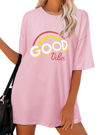 Dresswel Oversize T Shirt Damen Good Vibes Regenbogen Druck Oversized Tshirt Sommer Oberteile Kurzarm Rundhals Lang Lockere Shirts Lose Tee Tops f&uuml;r Teenager M