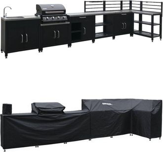 Sweeek Ensemble de meubles de cuisine ext&eacute;rieure en acier inoxydable 8 modules avec barbecue au gaz 4 br&ucirc;leurs et housse de protection