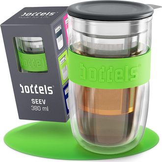 Boddels Glasbecher 380ml - mit Sieb Doppelwandig Teetasse mit Edelstahl-Sieb Keramik-Deckel sp&uuml;lmaschinengeeignet Kaffeeglas