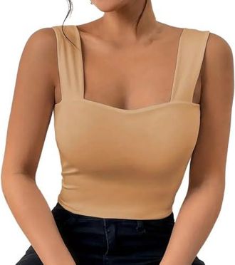 Generic D&eacute;bardeur Femme sans Manches- Caraco Sexy Col Carr&eacute; Crop Tank Tops Camisole Bretelles Larges Moulants Coupe Ajust&eacute;e Slim Fit Haut D&eacute;t&eacute; Couleur Unie D&eacute;