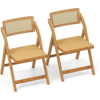 Costway Costway - Chaise Pliante Bois Lot de 2, Assise en Rotin pp, Dossier Rotative, Chaise Pliante Interieur en Bambou, Design Cannage, Style Boh&egrave;me