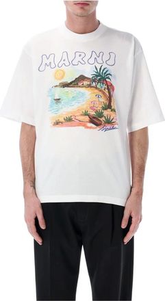 Marni Homme, Tops, Blanc, Taille: M T-shirt en coton avec imprim&eacute; carte postale de plage