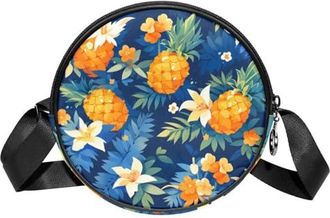 Generic Sac &agrave; bandouli&egrave;re rond pour femme, motif fleurs dananas avec fermeture &eacute;clair, bretelles r&eacute;glables, sac &agrave; main rond d&eacute;contract&eacute; pour femmes et filles