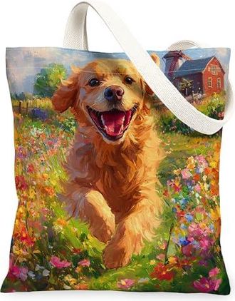 Generic Sac fourre-tout en toile motif chien Golden Retriever pour faire du shopping, 33 x 38,1 cm, sac d&eacute;picerie r&eacute;utilisable pour femme, motif floral amusan
