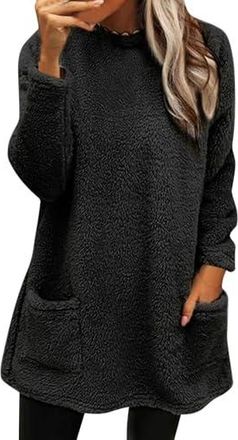 Generic Pull en polaire &agrave; col rond pour femme - Chandail surdimensionn&eacute; en peluche long pour femme - Pull l&eacute;ger pour lautomne et lhiver - Pull en tricot chaud
