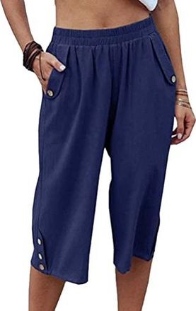 Onsoyours Femme Pantalon Été Coton Sport Harem Pantalon Léger Taille Haute Capri de Solide Couleur Pantacourt Sport Pants 3/4 Longueur Pants D Bleu XL