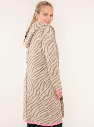 Zwillingsherz Strickjacke Zebra Animal-Muster, Kapuze, Langarm, Kontrast-Details