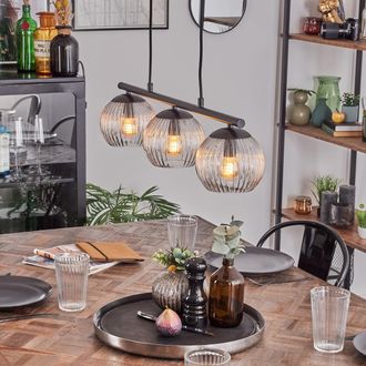 HOFSTEIN Hängeleuchte Koyoto, 3-flammige Hängelampe aus Metall/Riffelglas in Schwarz/Klar, Vintage-Design (Ø 15cm), E14, Pendelleuchte höhenverstellbar bis max