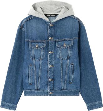 Palm Angels Homme, Vestes, Bleu, Taille: L Curved Logo Hooded Denim Jacket