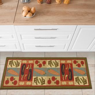 Ottomanson Saras Kitchen-Kollektion Teppichl&auml;ufer mit Gummir&uuml;ckseite und in Dunkel-Olivgr&uuml;n mit gr&uuml;nem Gem&uuml;se-Design, 50 cm x 150 cm, Olivgr&uuml;n