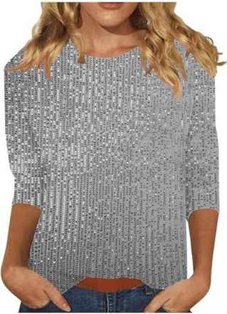 Generico Chemise &eacute;l&eacute;gante pour femme avec paillettes brillantes - Col rond avec fermeture &eacute;clair - Haut pour femme - Pour f&ecirc;te, printemps, vacances, f&ecirc;te, d&eacute;co