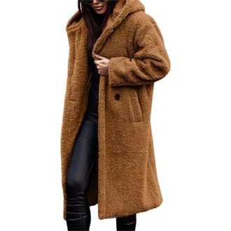 Generic Manteau dhiver 2025 en fausse fourrure pour femme - Sweat &agrave; capuche &agrave; revers, veste polaire pelucheuse &agrave; manches longues pour tenues dautomne, Marron 