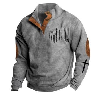Generic Pull Vintage Homme Drapeau Am&eacute;ricain Croix Chr&eacute;tienne - Col Henley Boutonn&eacute; Patch Coude Renforc&eacute; Manches Longues, Sweatshirt Graphique Unique pour Sty