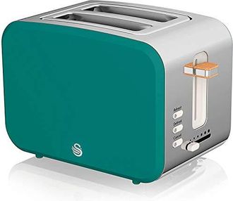SWAN Nordic Breitschlitz-Toaster für 2 Scheiben, 3 Funktionen, 6 Bräunungsstufen, modernes Design, Edelstahl, Griff in Holzoptik, mattgrün, Grün, Matt