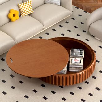 Generic 39,37 Trommel-Couchtisch - Handgefertigter Massivholz-Kantenstreifen-Teetisch im modernen Chic mit geriffeltem Rand und Stauraum f&uuml;r kleine Wohnungen 