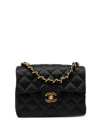 Chanel mini sac &agrave; bandouli&egrave;re Square Classic Single Flap en satin (1986-1988) - Noir