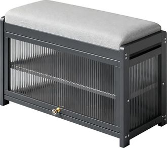 Generic Schuhbank mit Sitzfläche Landhausstil Bambusrahmen Transparente Acryltüren Sitzkissen Aus Leinen Sitzbank mit Stauraum für Eingangsbereich, Flur, Wohn