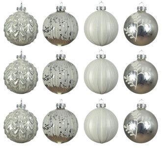 Kaemingk Weihnachtskugeln Glas 8cm x 12 St&uuml;ck Muster Streifen Ornamente Mix Christbaumkugeln Silber wei&szlig;