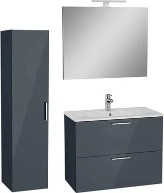 Vitra Set Mia ensemble meuble 79x61x39,5 cm avec miroir, lavabo, &eacute;clairage led + armoire 145x35x35cm, Anthracite brillant