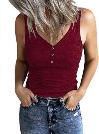 Zeagoo D&eacute;bardeur Femme Chic et &Eacute;l&eacute;gant Tank Top sans Manches Top Haut D&eacute;t&eacute; Col en V T-Shirt Boutons Basique Henley Shirts Casual Femme Tops Rouge XXL