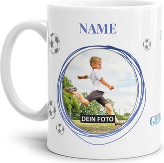 Tassendruck Kinder-Tasse mit Fu&szlig;ball-Motiv - mit Foto, Name & Zahl selbst gestalten - F&uuml;r M&auml;dchen & Jungen, Fu&szlig;balltasse - Keramik Wei&szlig;, 300 ml I Personalisiertes