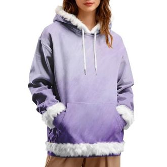Generic Sweat à capuche imprimé dégradé en fausse fourrure pour femme avec poche, sweatshirts surdimensionnés en peluche pour femme, pull dhiver décontracté à