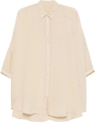 120% Lino Femme, Blouses et Chemises, Beige, Taille: 40 FR Chemise &agrave; Manches Courtes en Lin