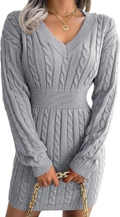 Generic Robe Pull Femme Courte Moulante Col V Manches Longues Taille Ajustée Mode Hiver