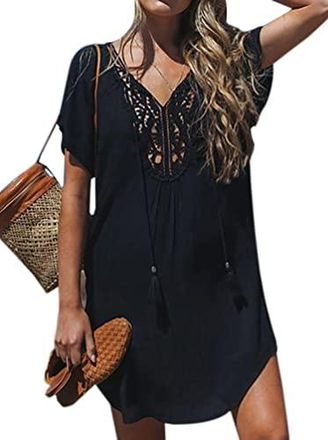 Minetom Robe de Plage Femmes Dentelle Cache-Maillots Sarong Tunique Piscine Maillots de Bain Bikini Cover Up Mini Robe B Noir S