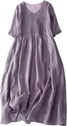 ORANDESIGNE Robe Ete Femme Robe Lin Longue Col en V Ample Kaftan Manche Courte Rétro Boho Midi Robes de Plage Vacances A Violet XXL